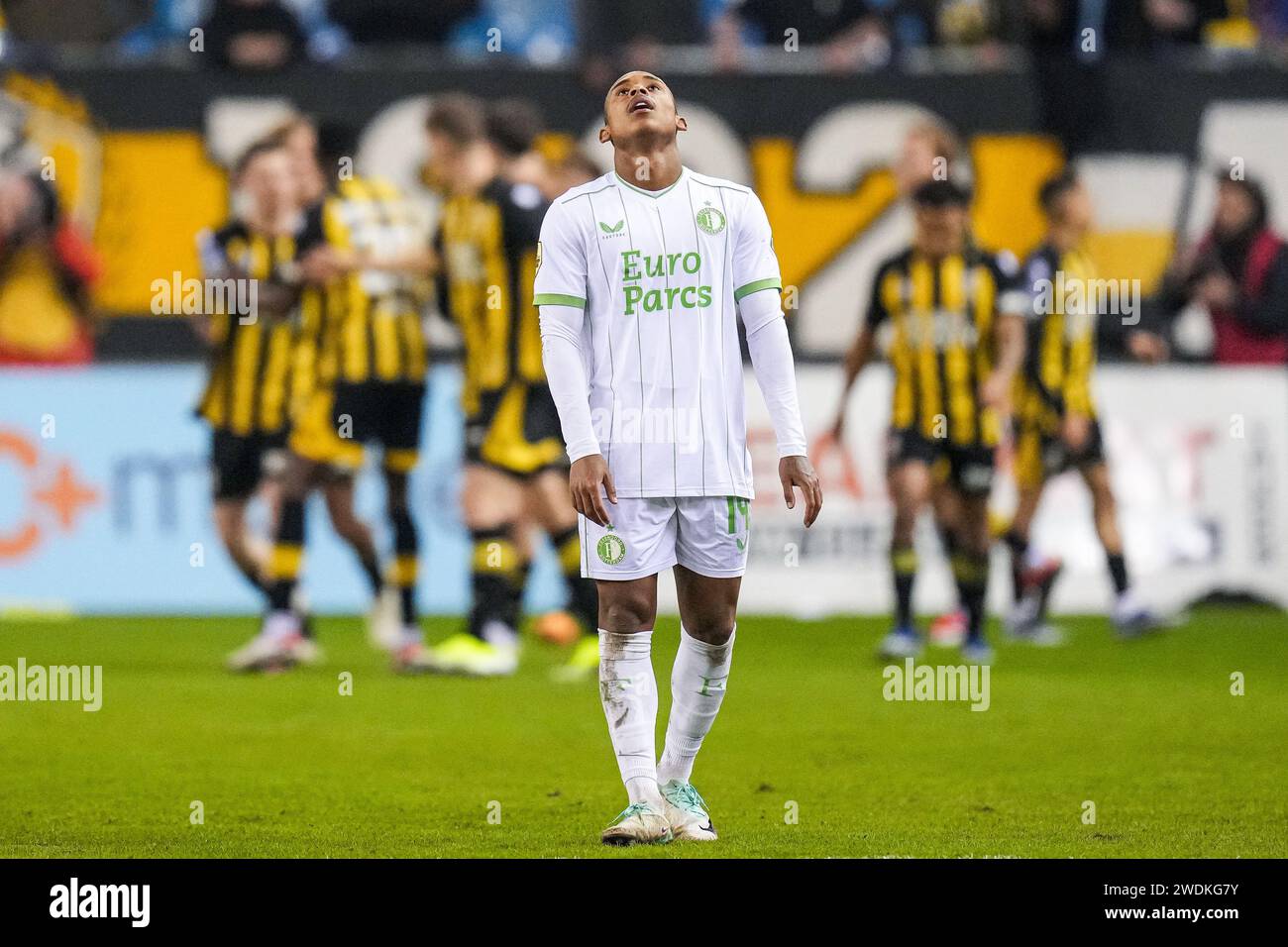 Arnhem, The Netherlands. 21st Jan, 2024. Arnhem - Igor Paixao of Feyenoord reacts to the 1-1 ...