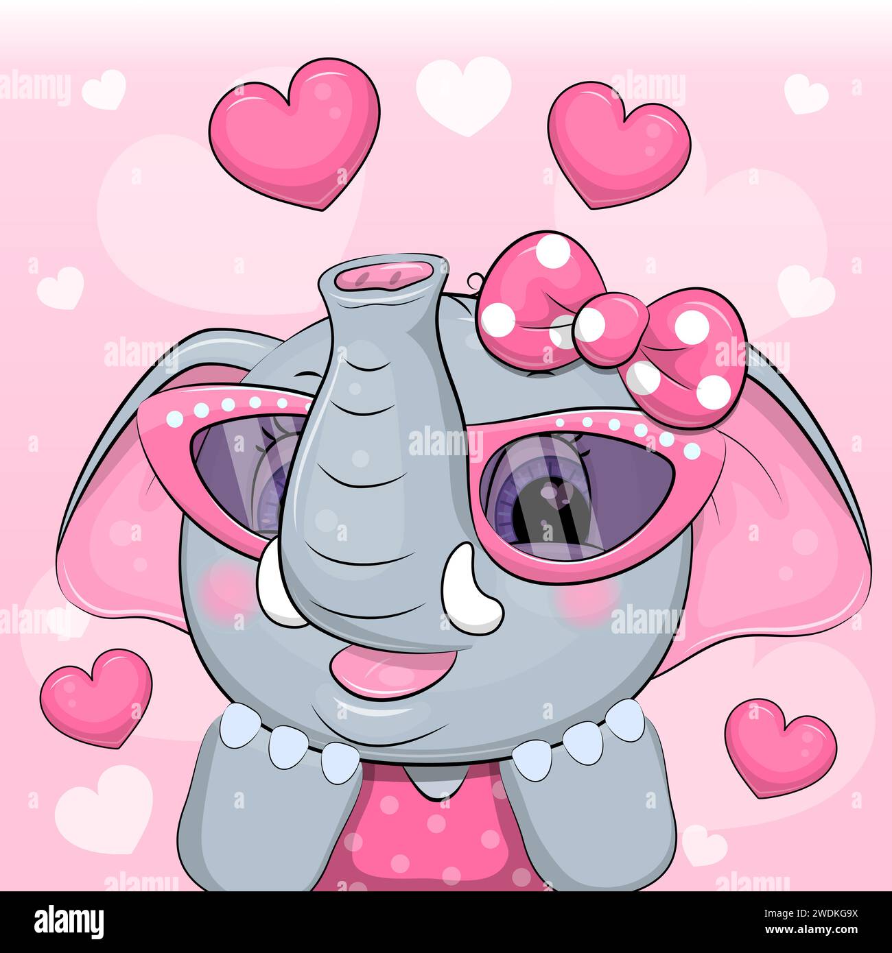 Cute cartoon elephant wearing pink glasses and hair bow. Vector ...