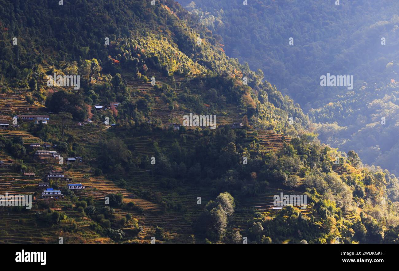 the valley and village of Birethanti in Nepal, view of Poonhill circle ...