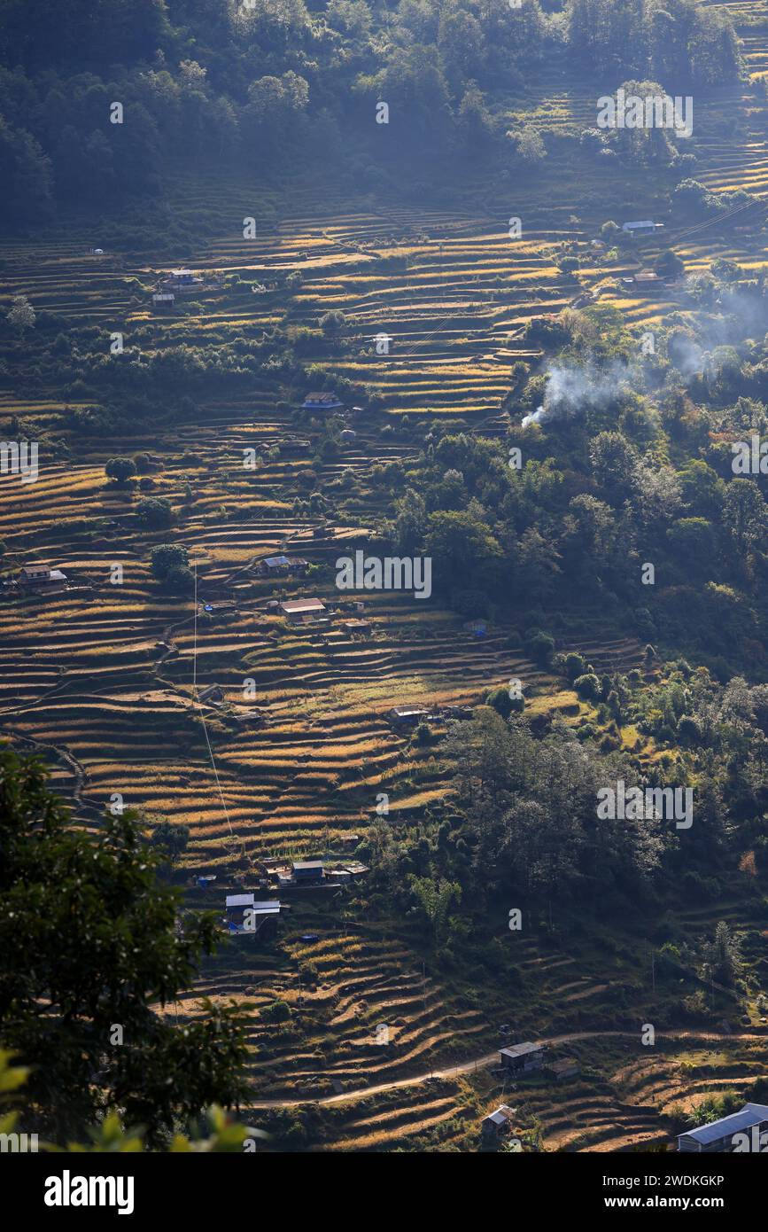 the valley and village of Birethanti in Nepal, view of Poonhill circle ...