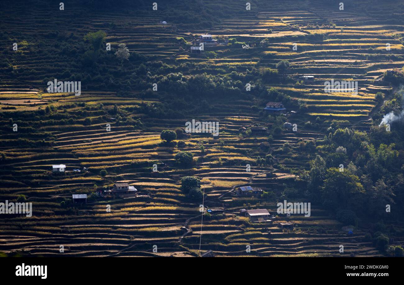 the valley and village of Birethanti in Nepal, view of Poonhill circle ...