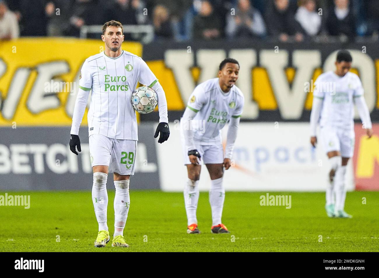 Arnhem, The Netherlands. 21st Jan, 2024. Arnhem - Santiago Gimenez of Feyenoord reacts to the 1 ...