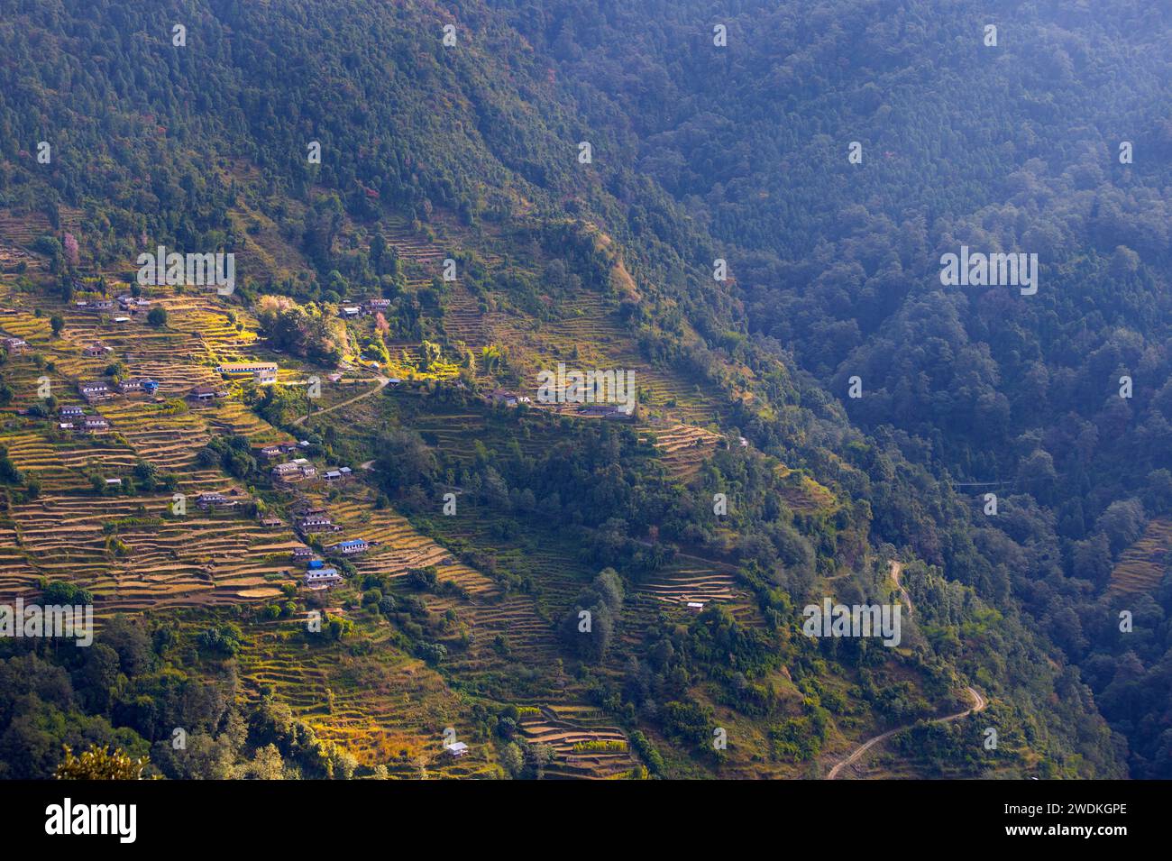 the valley and village of Birethanti in Nepal, view of Poonhill circle ...
