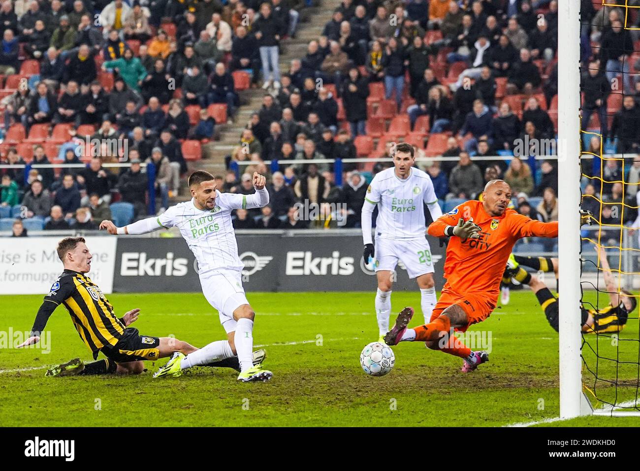 Arnhem, The Netherlands. 21st Jan, 2024. Arnhem - Ondrej Lingr of Feyenoord scores the 2-1 ...