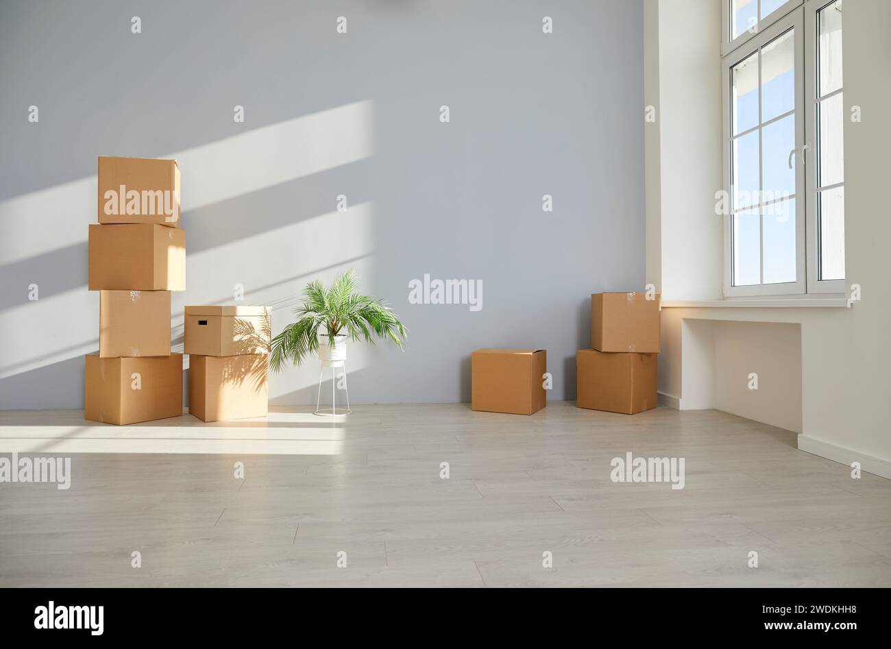 Unpacked cardboard boxes are stacked on the floor in the empty room in ...