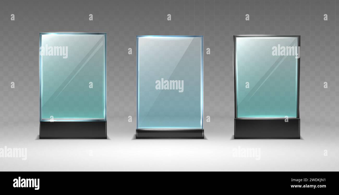 realistic vector icon display glass stand or acrylic table tent. Empty ...