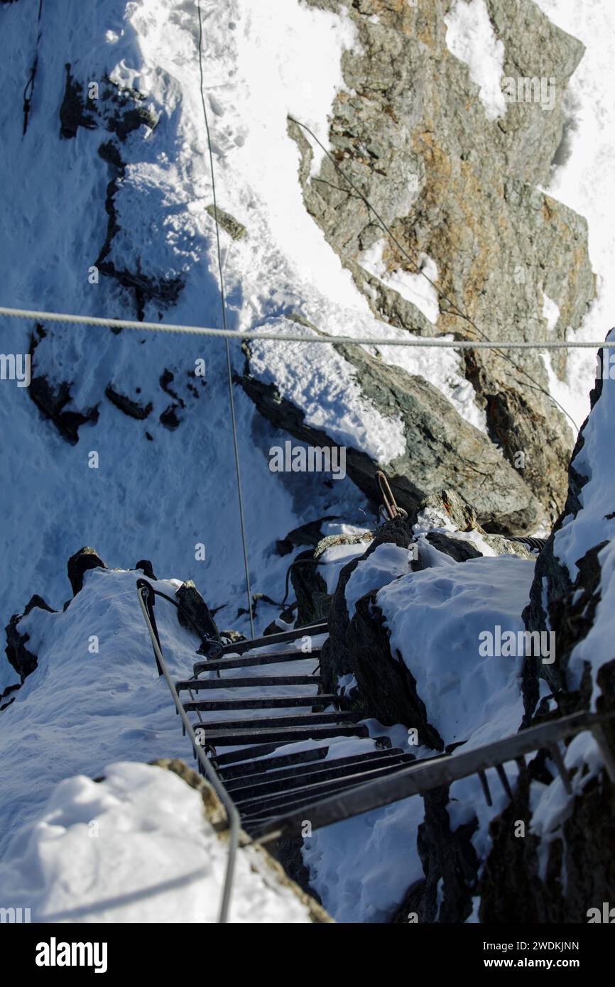 Steep metal wobbly wire ladder at the Jungfraujoch summit, Grindelwald ...