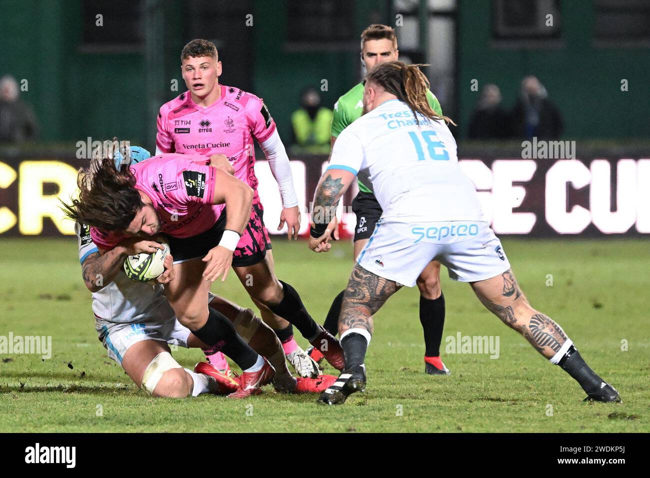 Treviso, Italy. 20th Jan, 2024. Chop tackle of Tiziano Pasquali ...