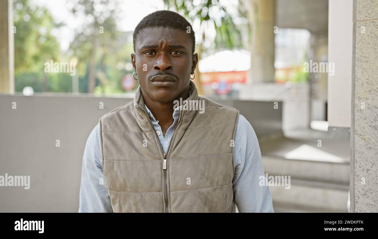 Portrait of a serious black man outdoor in an urban setting with trees ...