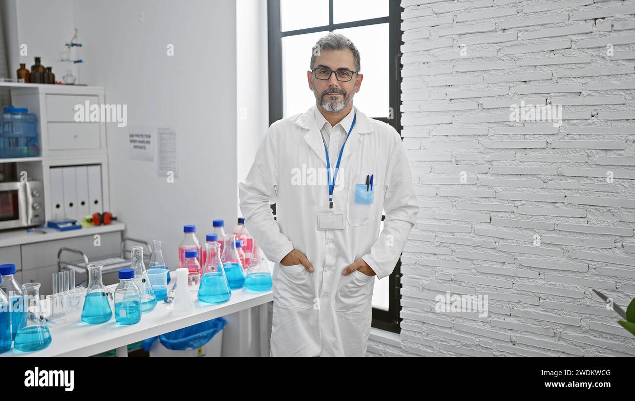 Confident young hispanic scientist, grey-haired and smiling, walking ...