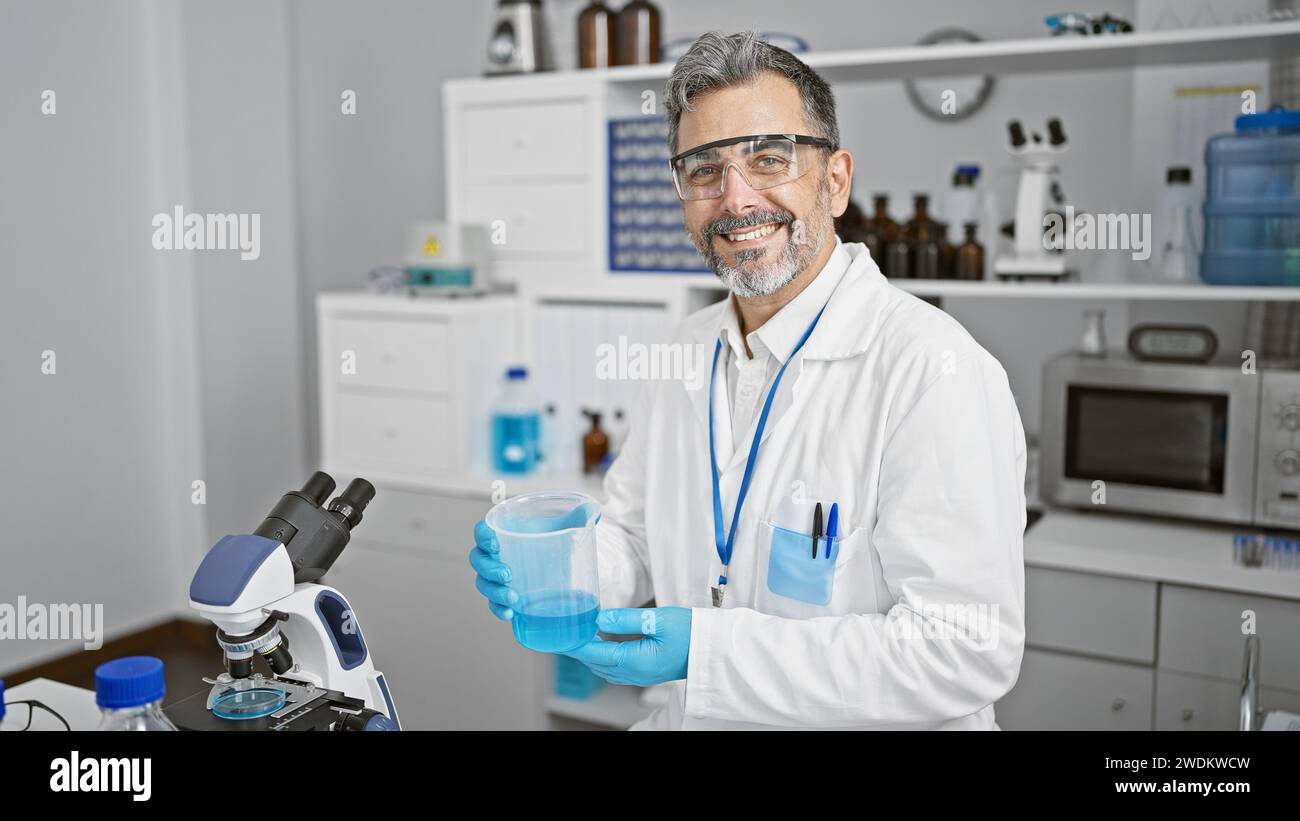 Cheerful young grey-haired hispanic man scientist confidently measuring ...