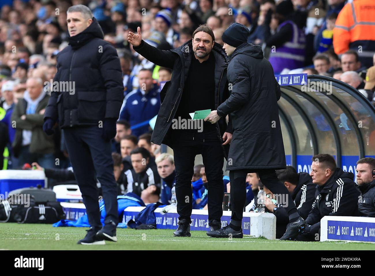 Leeds, UK. 21st Jan, 2024. Leeds United Manager Daniel Farke appeals to ...