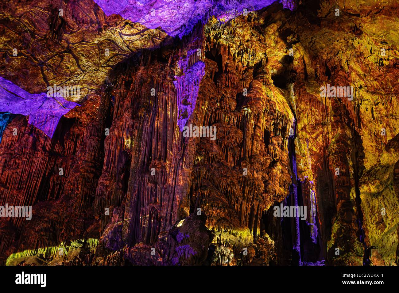 Coloured lights illiuminating some of the stalactites of St Michael's ...