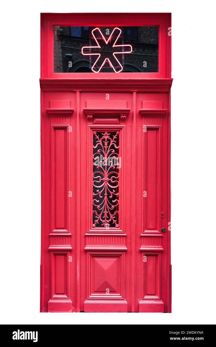 A vibrant red door adorned with a neon asterisk symbol and intricate ...