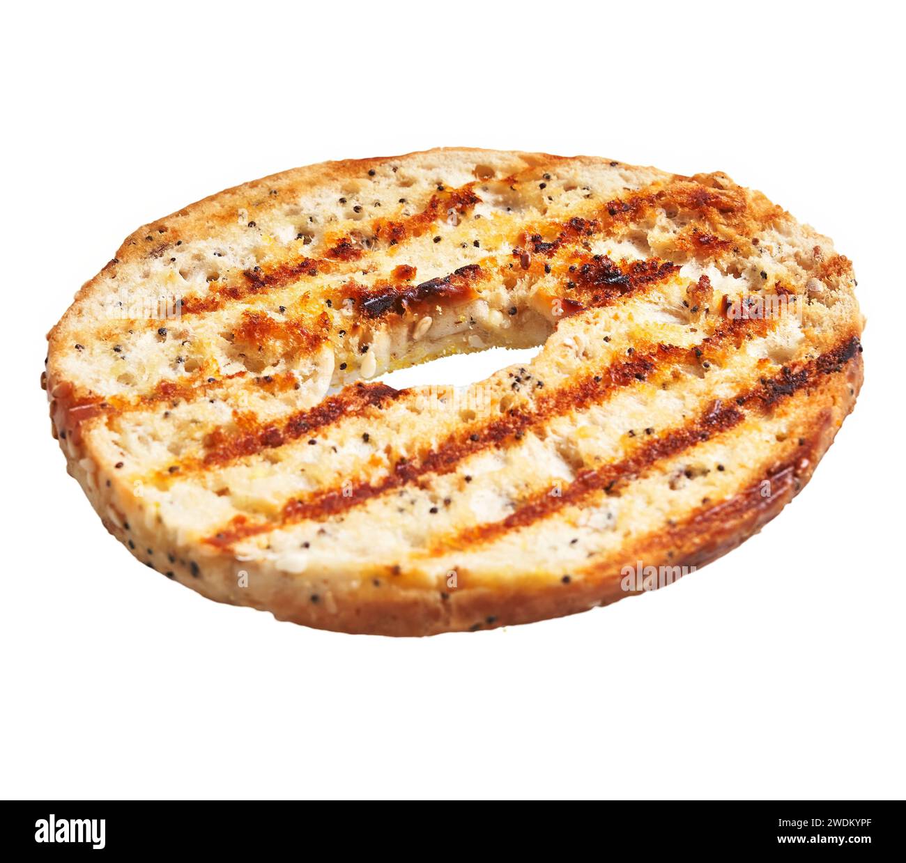 Toasted bagel with visible grill marks isolated on a white background ...