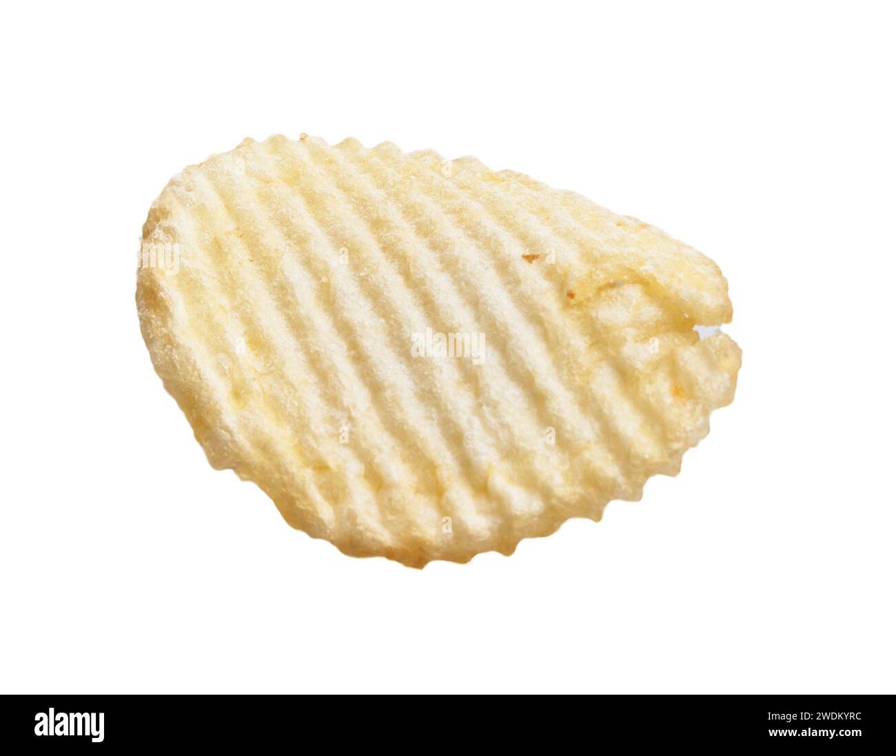 Close-up of a single wavy crisp against a white background ...