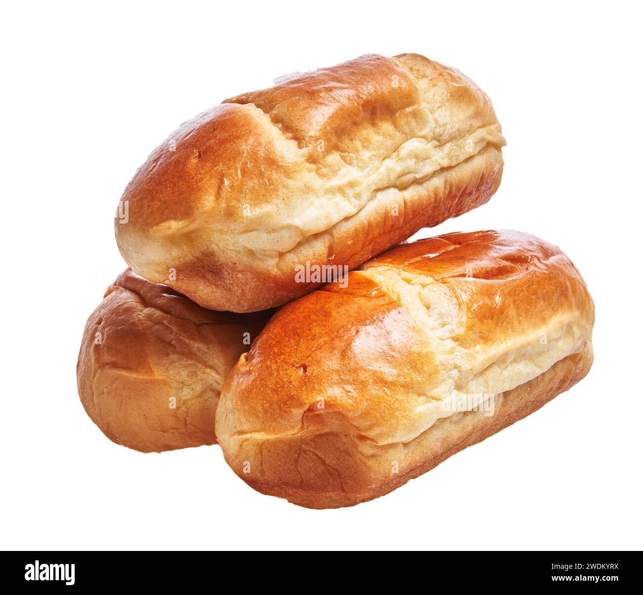 Two fresh loaves of bread isolated on a white background with a crisp ...