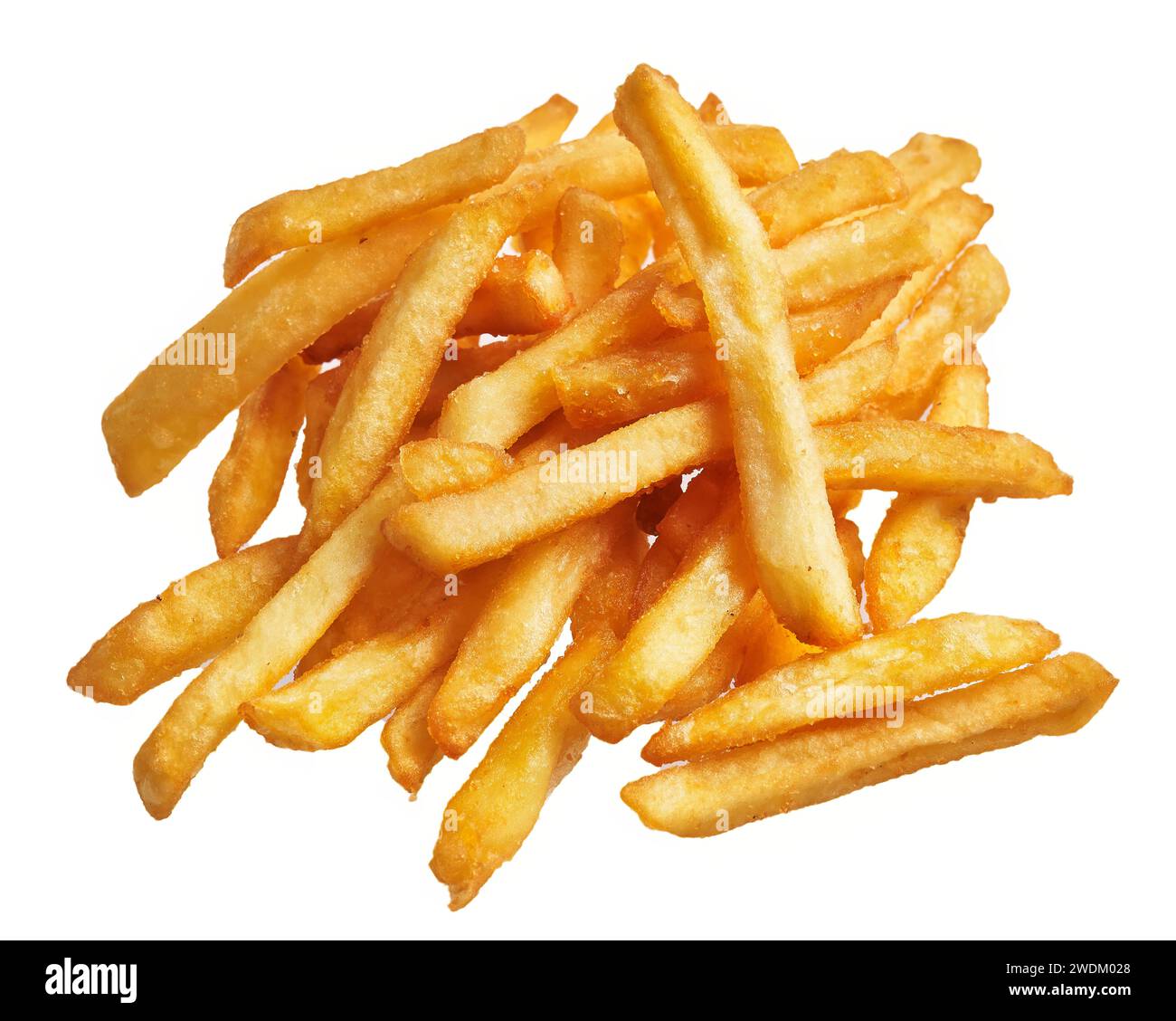 Golden french fries piled high, isolated on a white background, focus ...