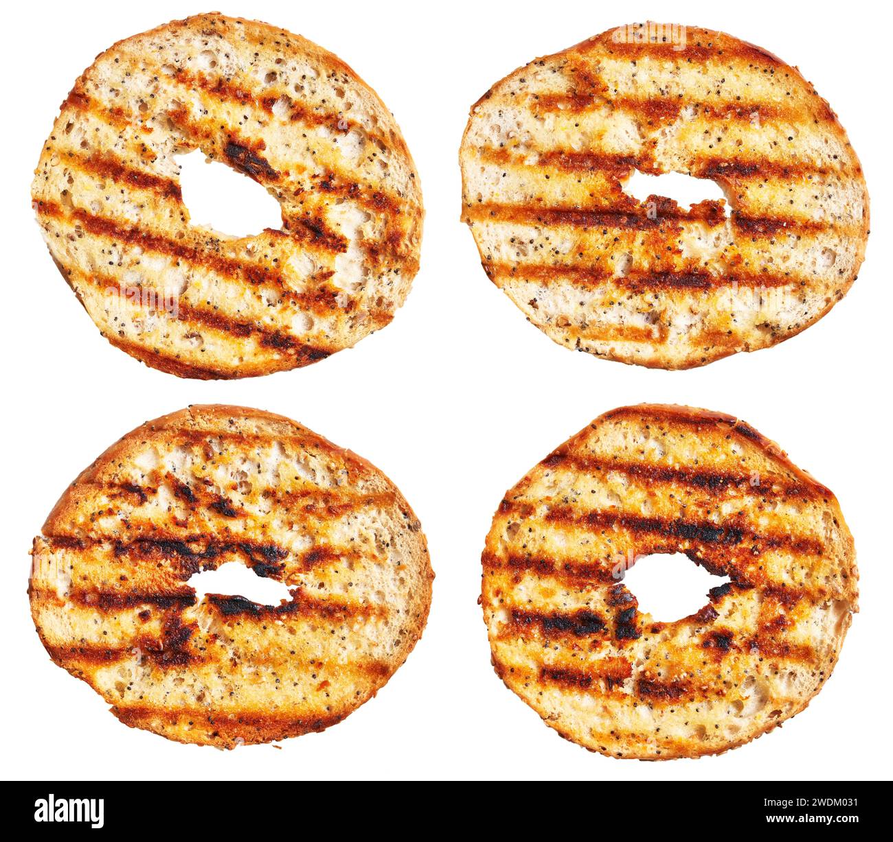 Four toasted bagels isolated on white background depict a delicious ...