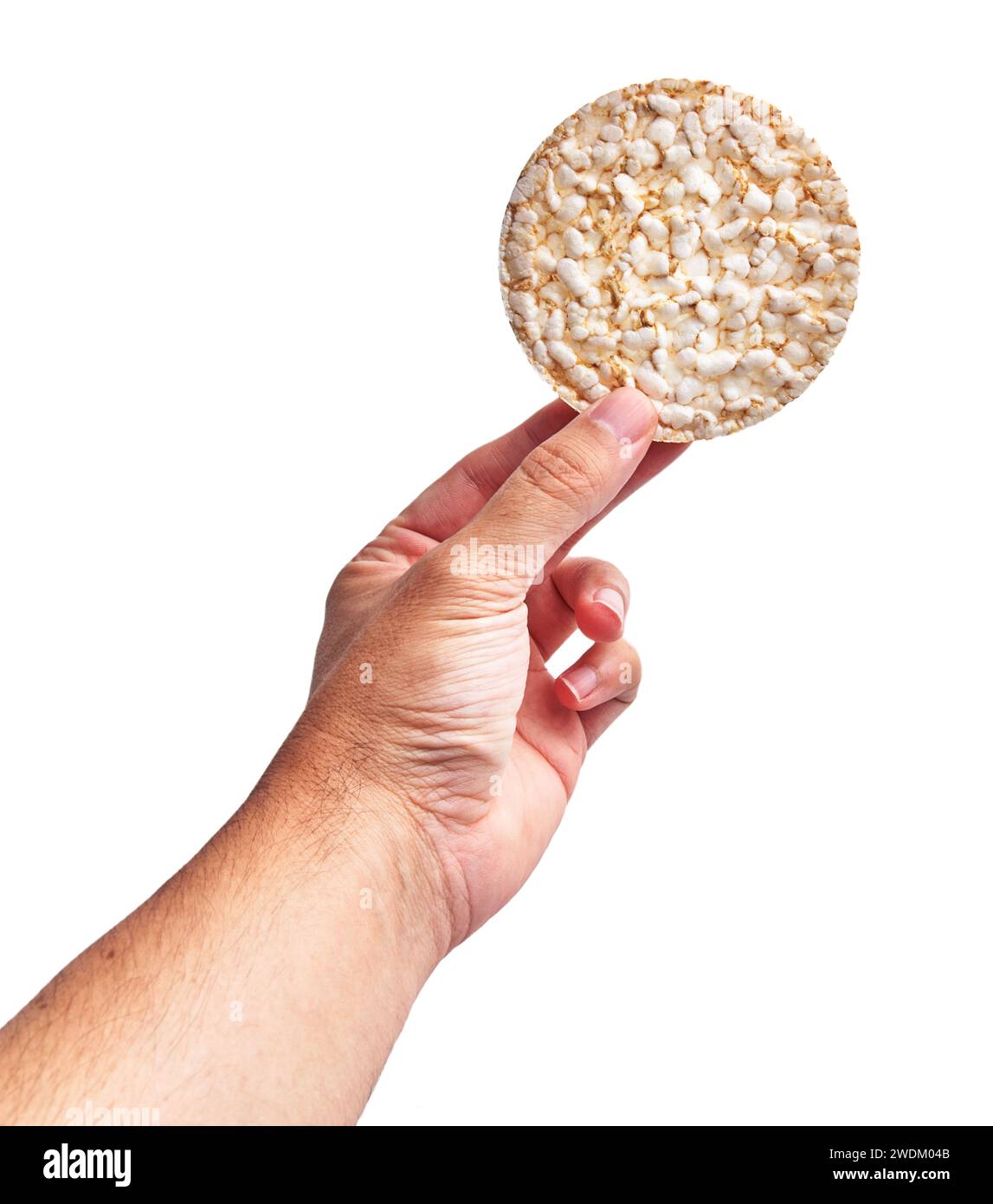 Hand of man holding single rice cake over isolated white background ...