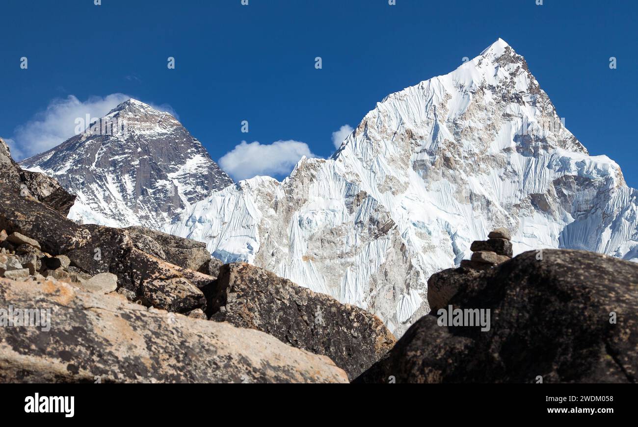 Mount Everest and Mount Nuptse peak, panoramic view of himalayas ...