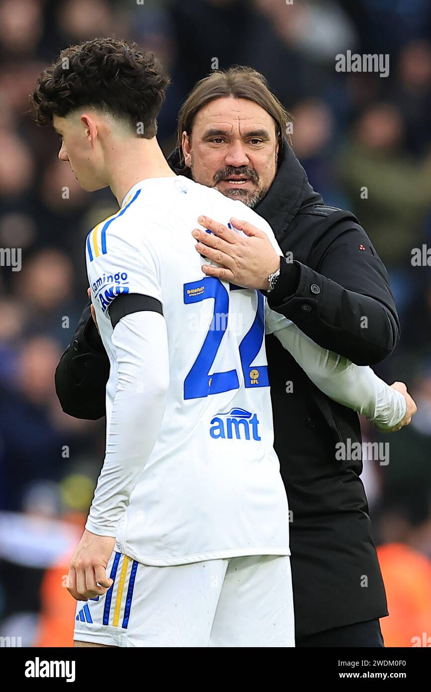 Leeds, UK. 21st Jan, 2024. Archie Gray of Leeds United is congratulated ...