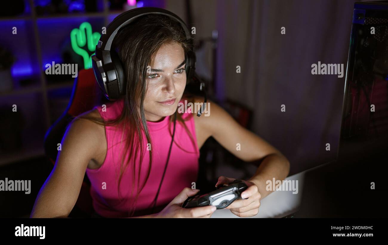 Sizzling night streaming, young hispanic woman, a serious gaming ...