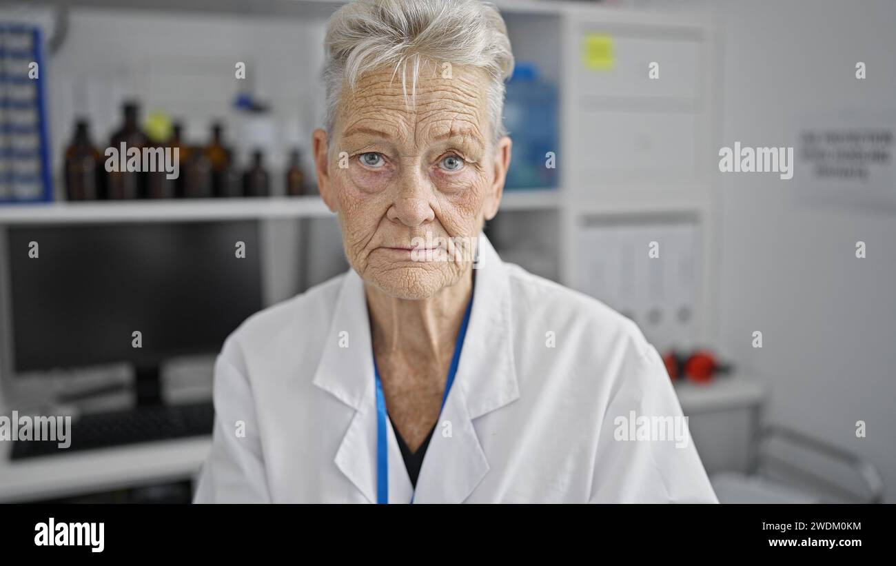 Senior grey-haired woman scientist sitting with serious face at ...