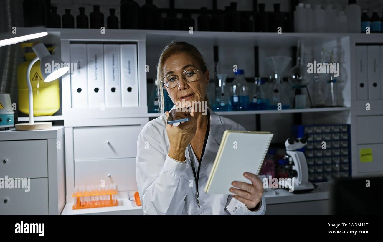 Mature caucasian woman scientist recording data in a laboratory ...