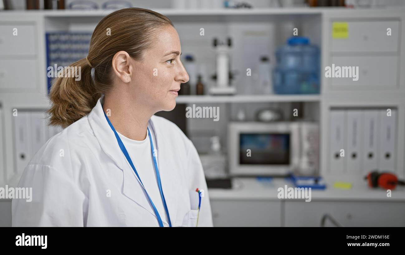 Young, smiling blonde woman scientist confidently enjoying her work in ...
