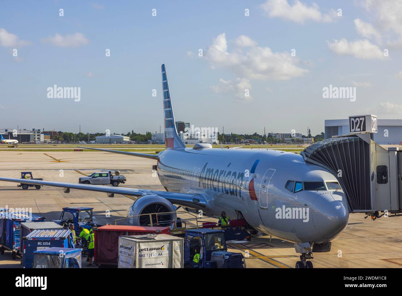 Close-up view of American Airlines airplane at Miami airport, connected ...