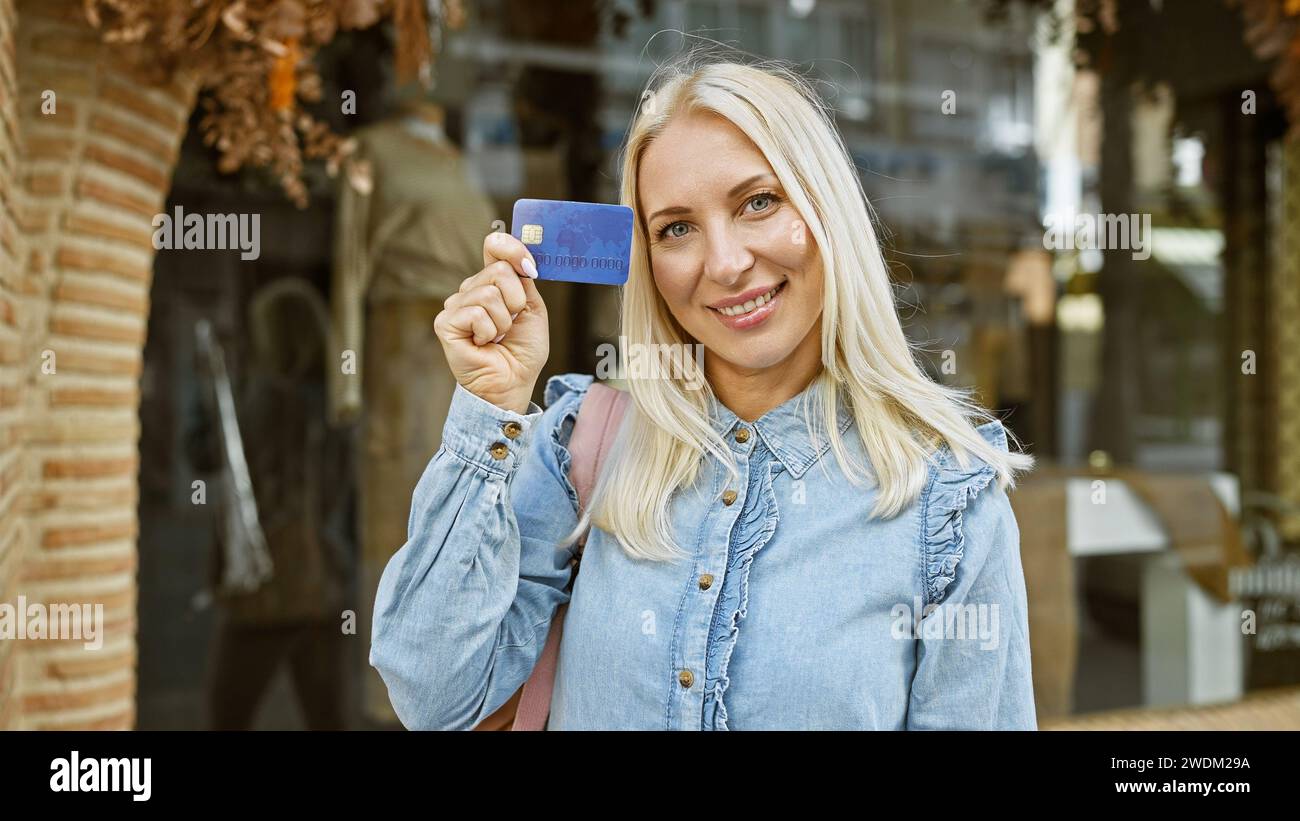 Confident young blonde woman joyfully holding a credit card, smiling ...