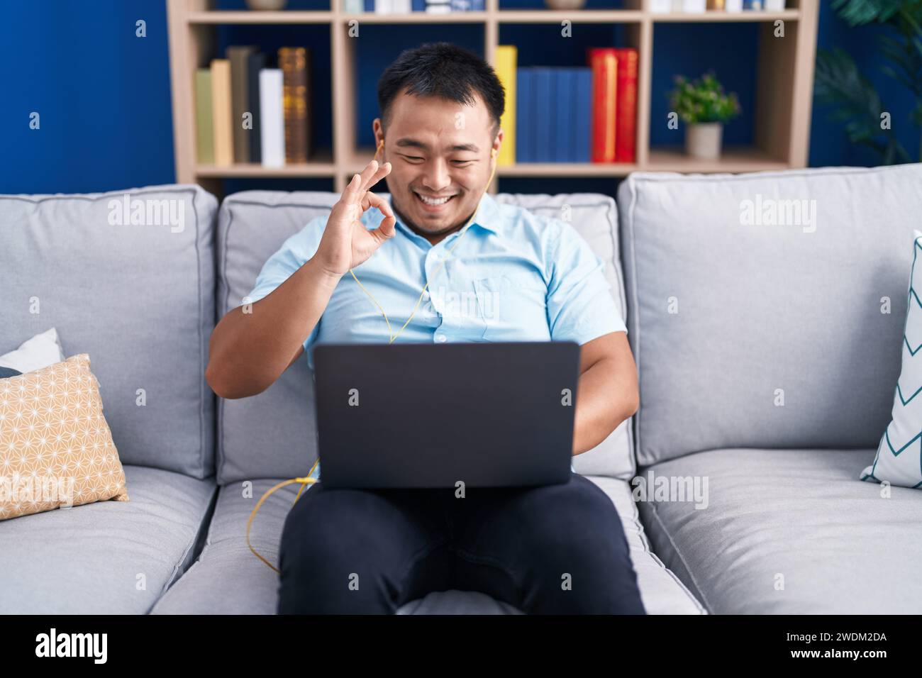 Chinese young man using computer laptop sitting on the sofa doing ok ...