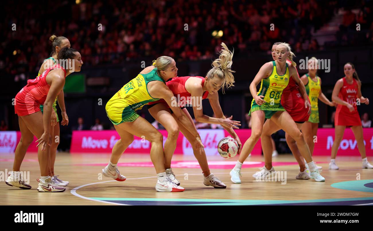 Australia's Courtney Bruce and England's Helen Housby in action during the Vitality Netball ...