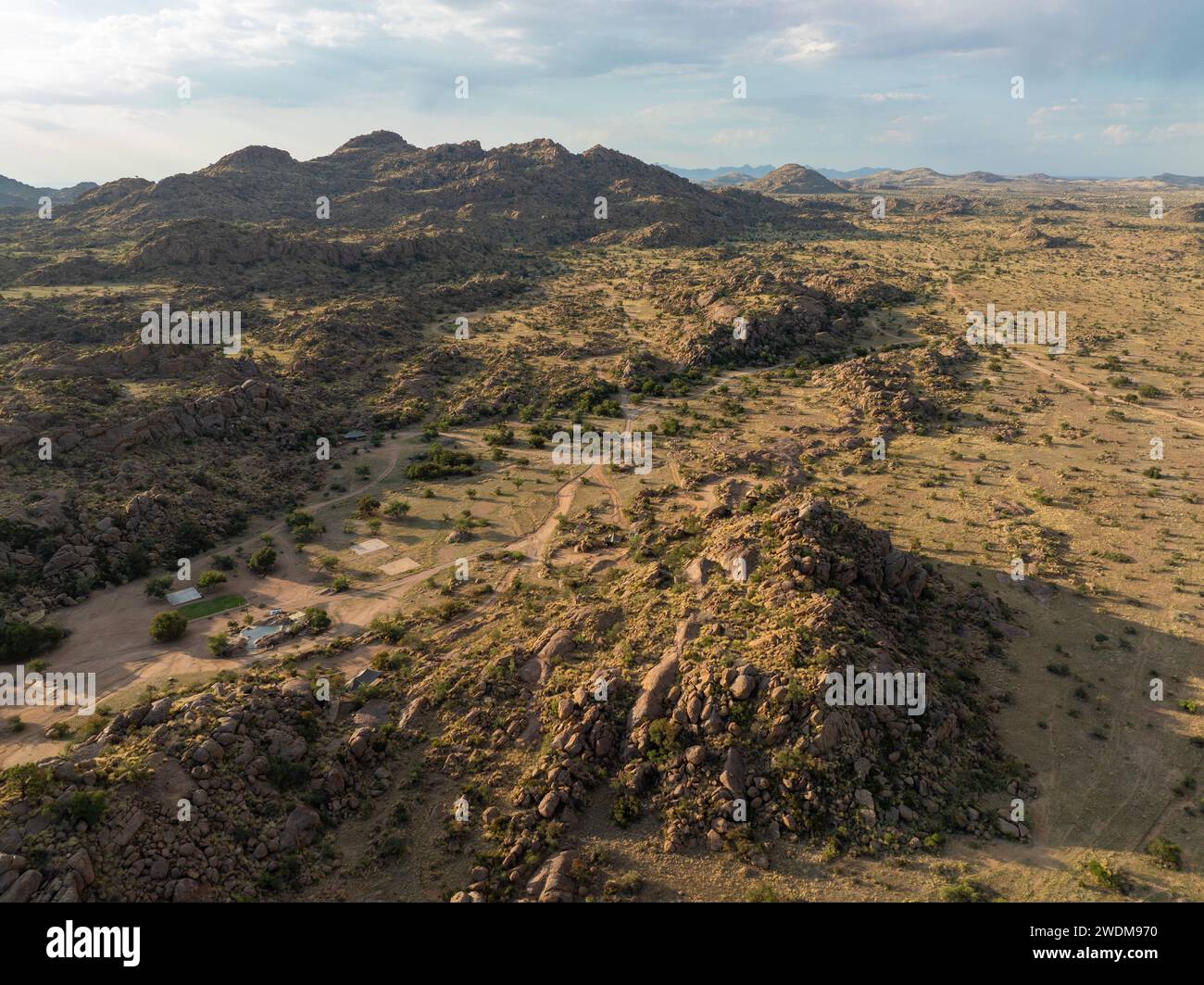 Aerial view of the Namibgrens Mountain Camp and the large granite ...