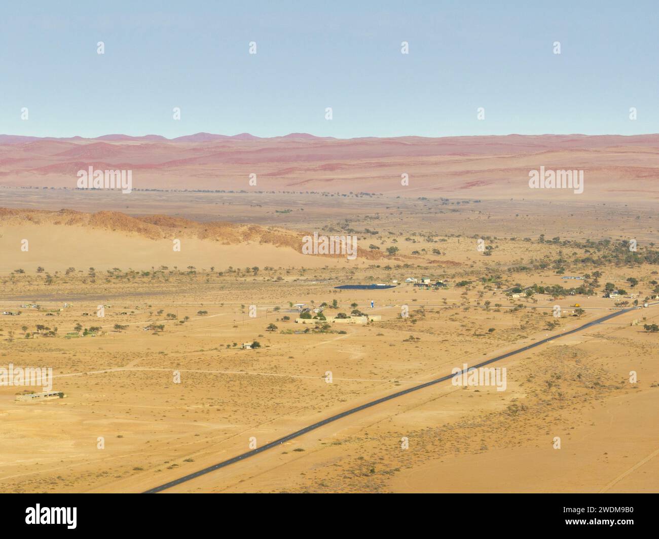 Aerial view of a Camp lodge in the desert, viewed by drone, from the ...