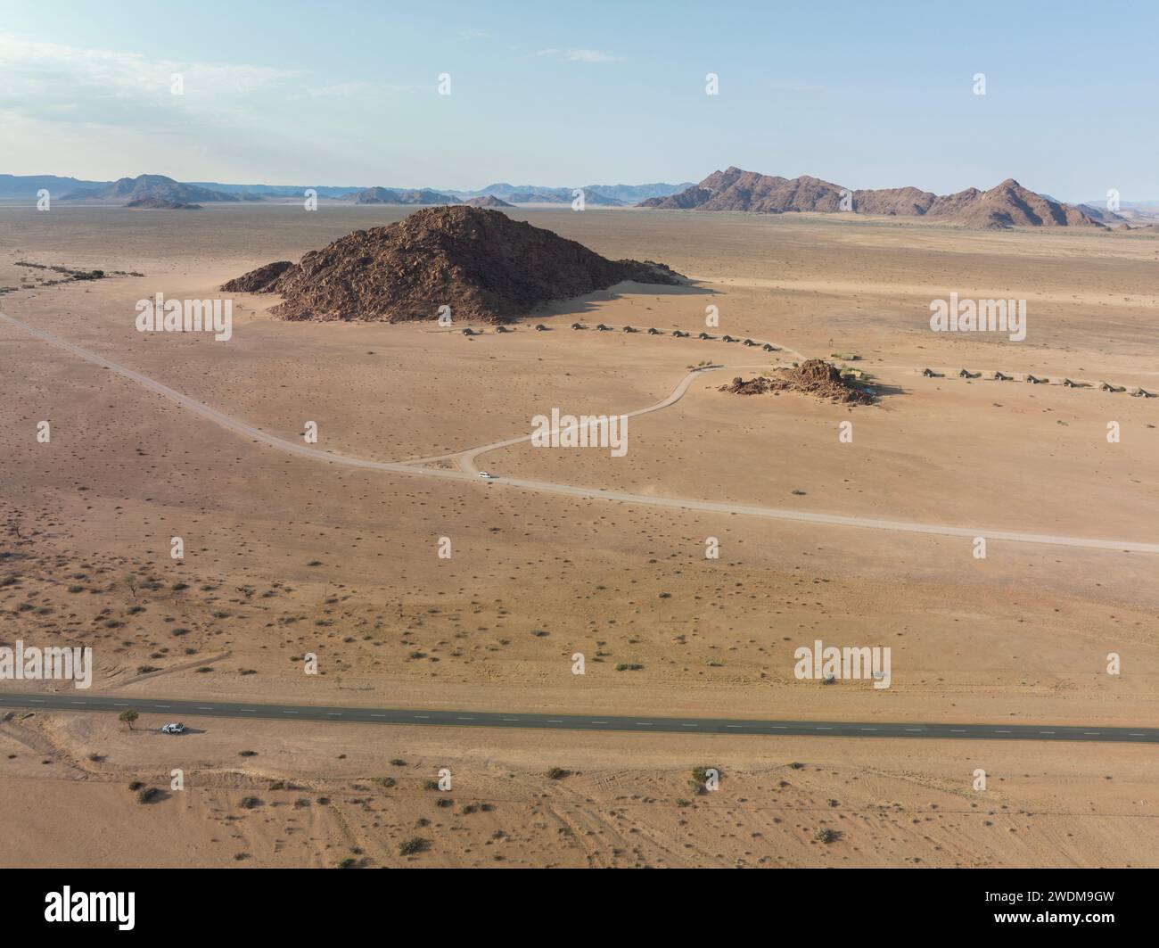 Aerial view of a Camp lodge in the desert, viewed by drone, from the ...