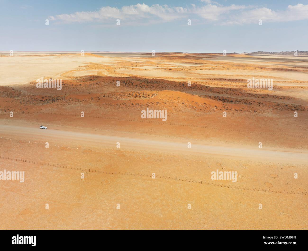 Aerial view of a Four-wheels Drive 4WD on C14 desert Road to Walvis Bay ...
