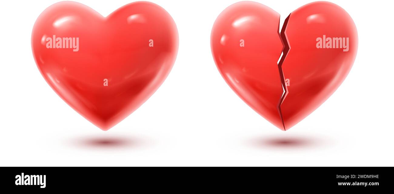 realistic vector icon set. Read heart whole and cracked, broken ...