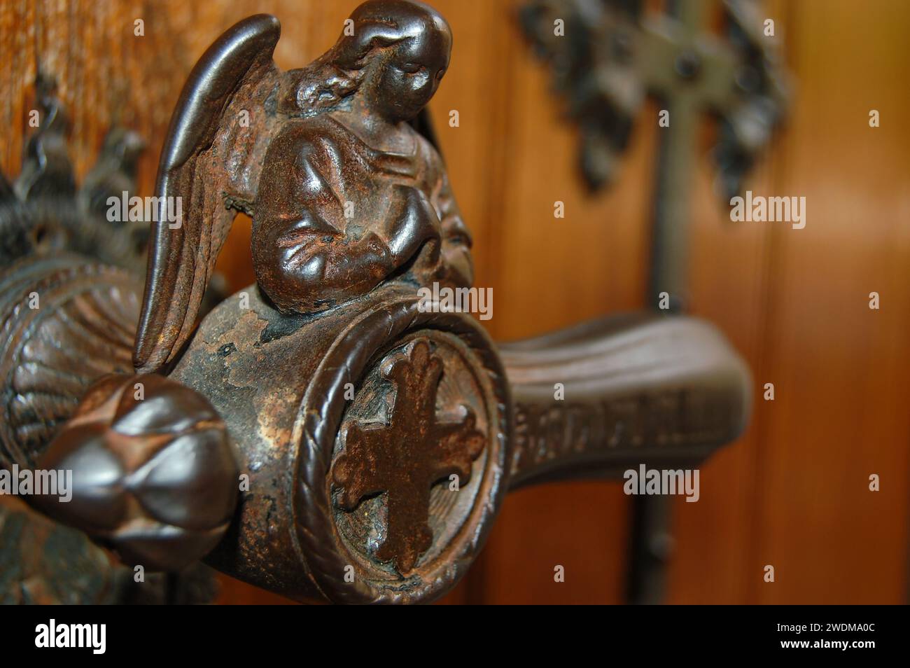 Close-up detail of historic German iron door handle in the shape of a ...