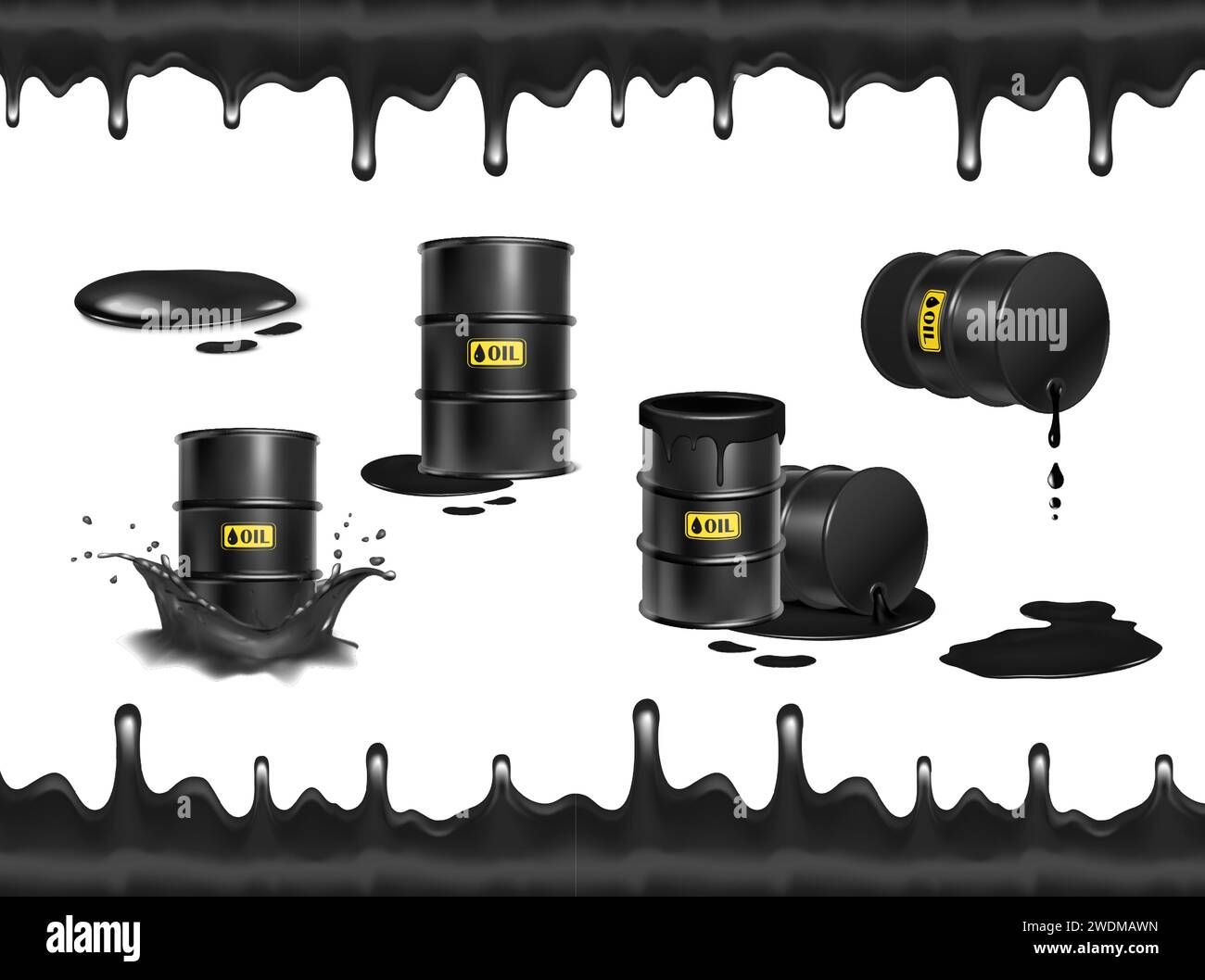 realistic vector icon illustartion. Hazard barrel in black oil splash ...