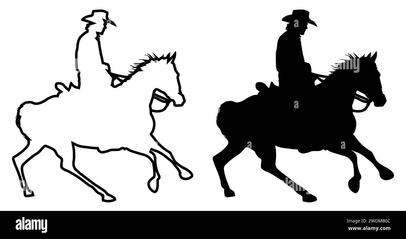 A silhouette and outline of a cowboy on his horse set over a white ...