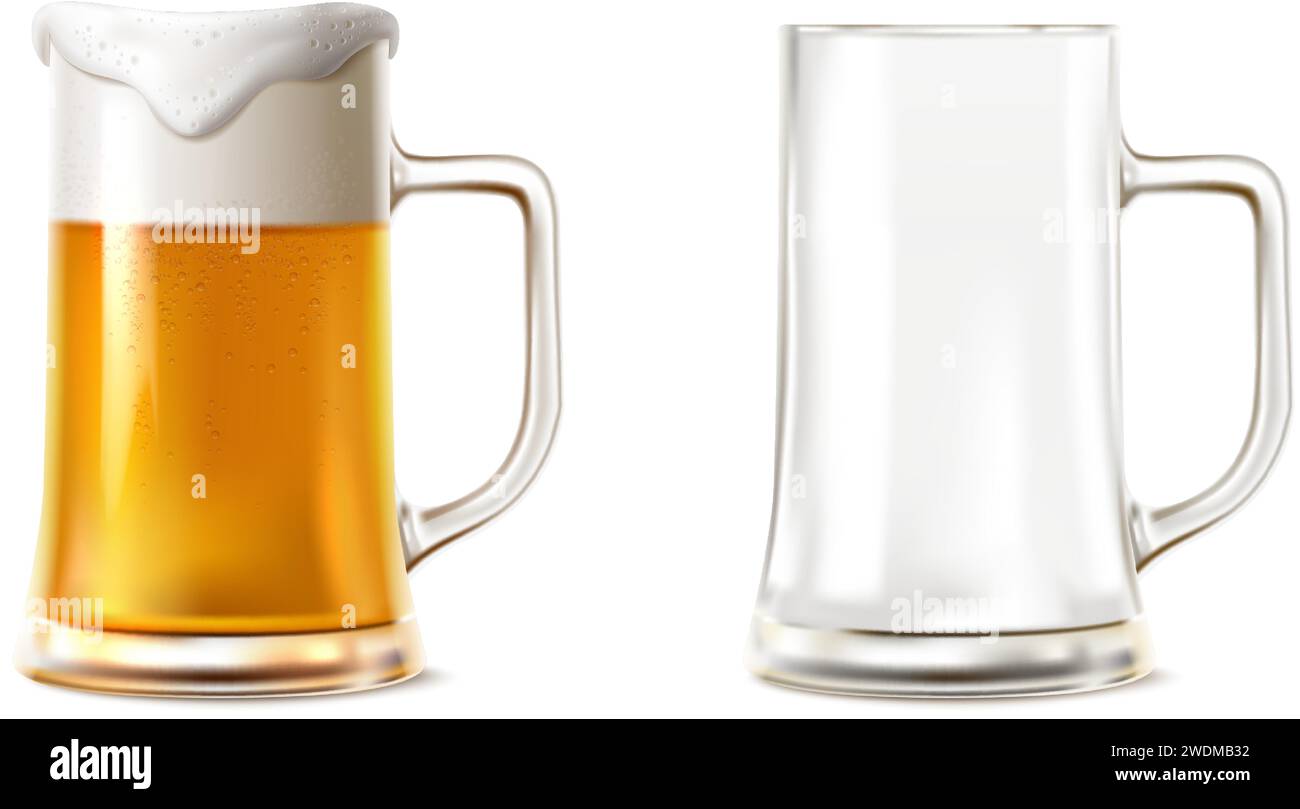 realistic vector icon illustration. Beer mug with foam and empty glass ...