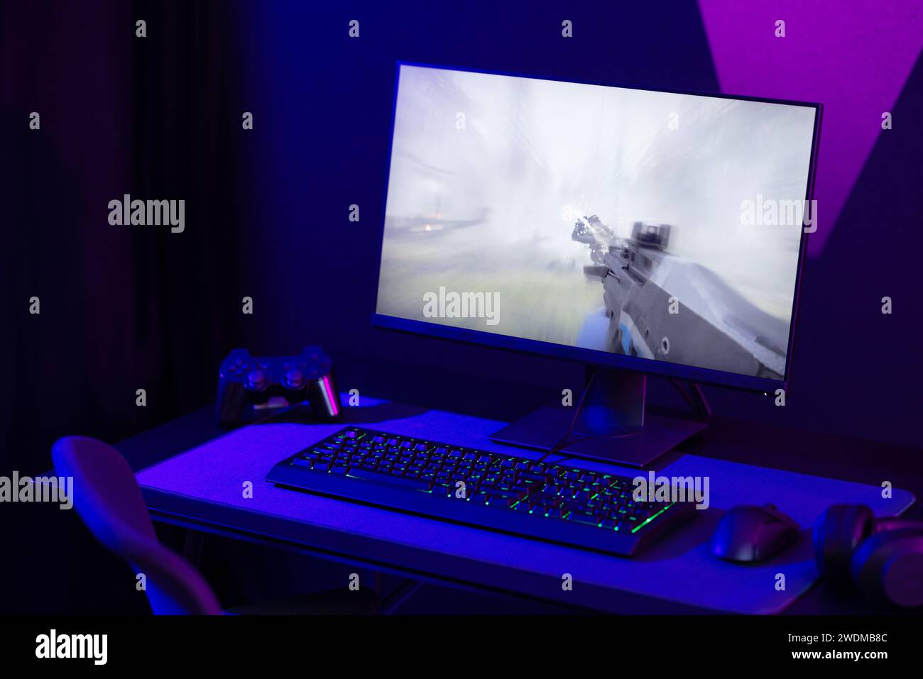 Professional and colorful e-sport gaming studio room with first-person ...