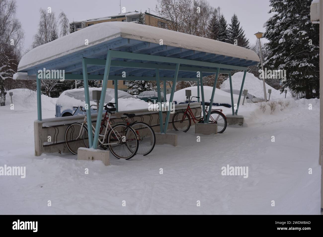 Canopy, stop, snow shelter and doge for bicycles with bicycles in the city of Varkaus, Finland ...