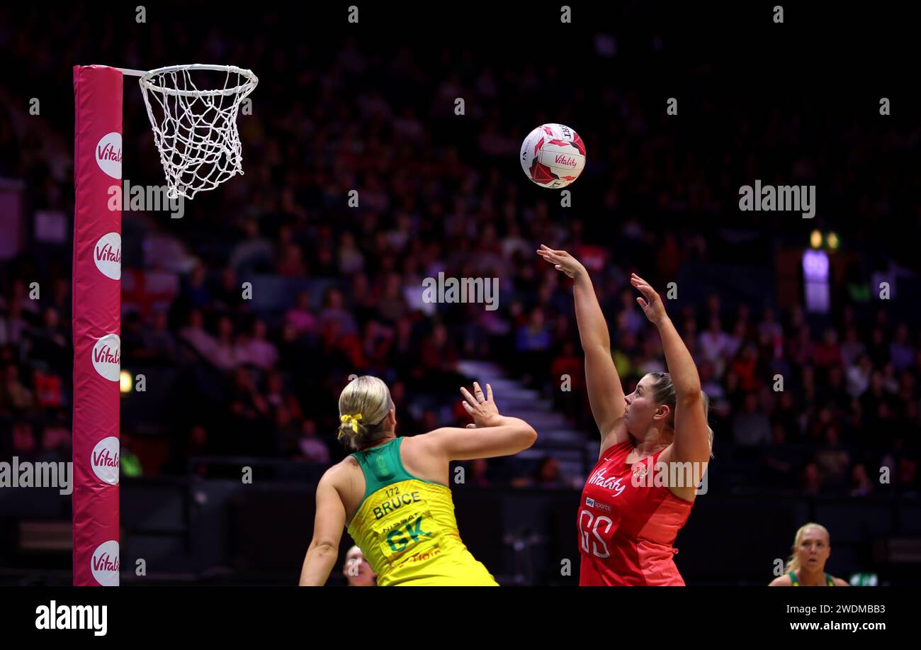 England's Eleanor Cardwell shoots during the Vitality Netball Nations ...