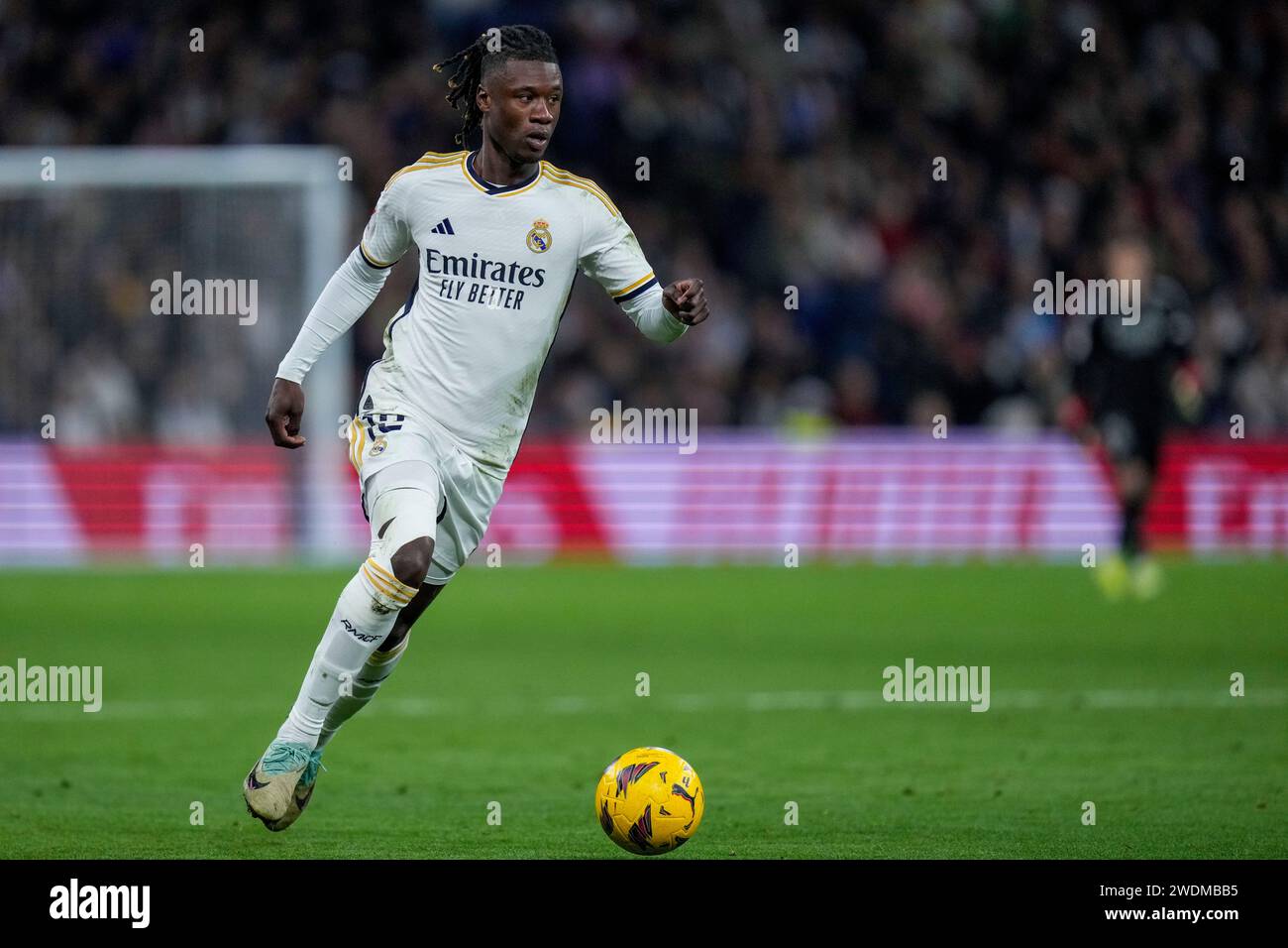 Real Madrid's Eduardo Camavinga controls the ball during a Spanish La ...
