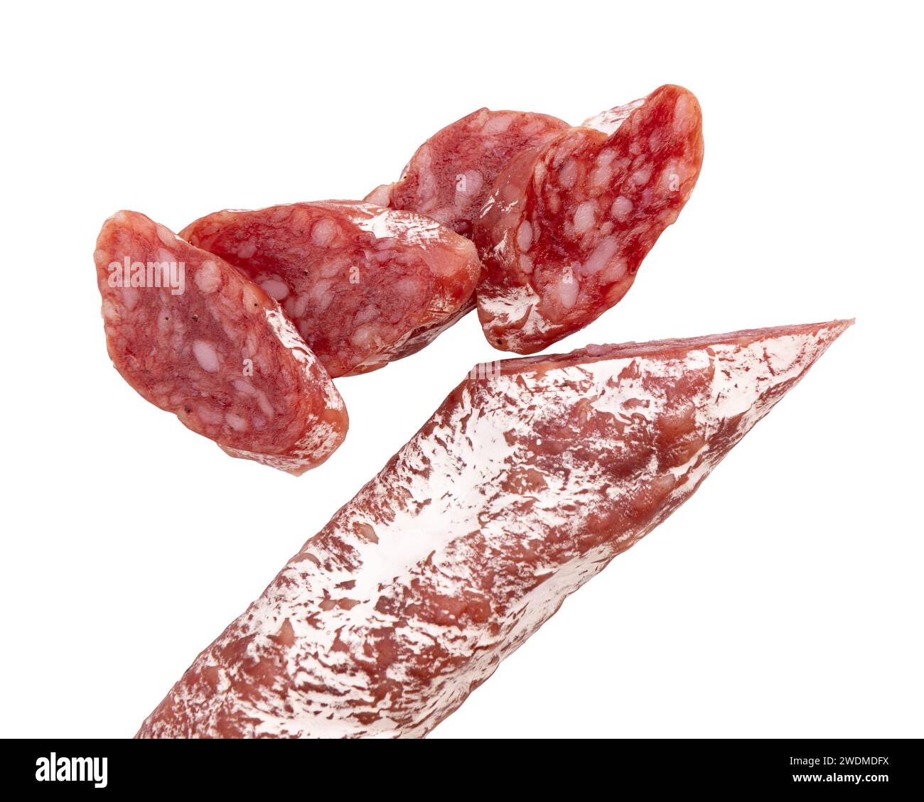 dried salami with white mold isolated on white background with clipping path, whole and slices ...