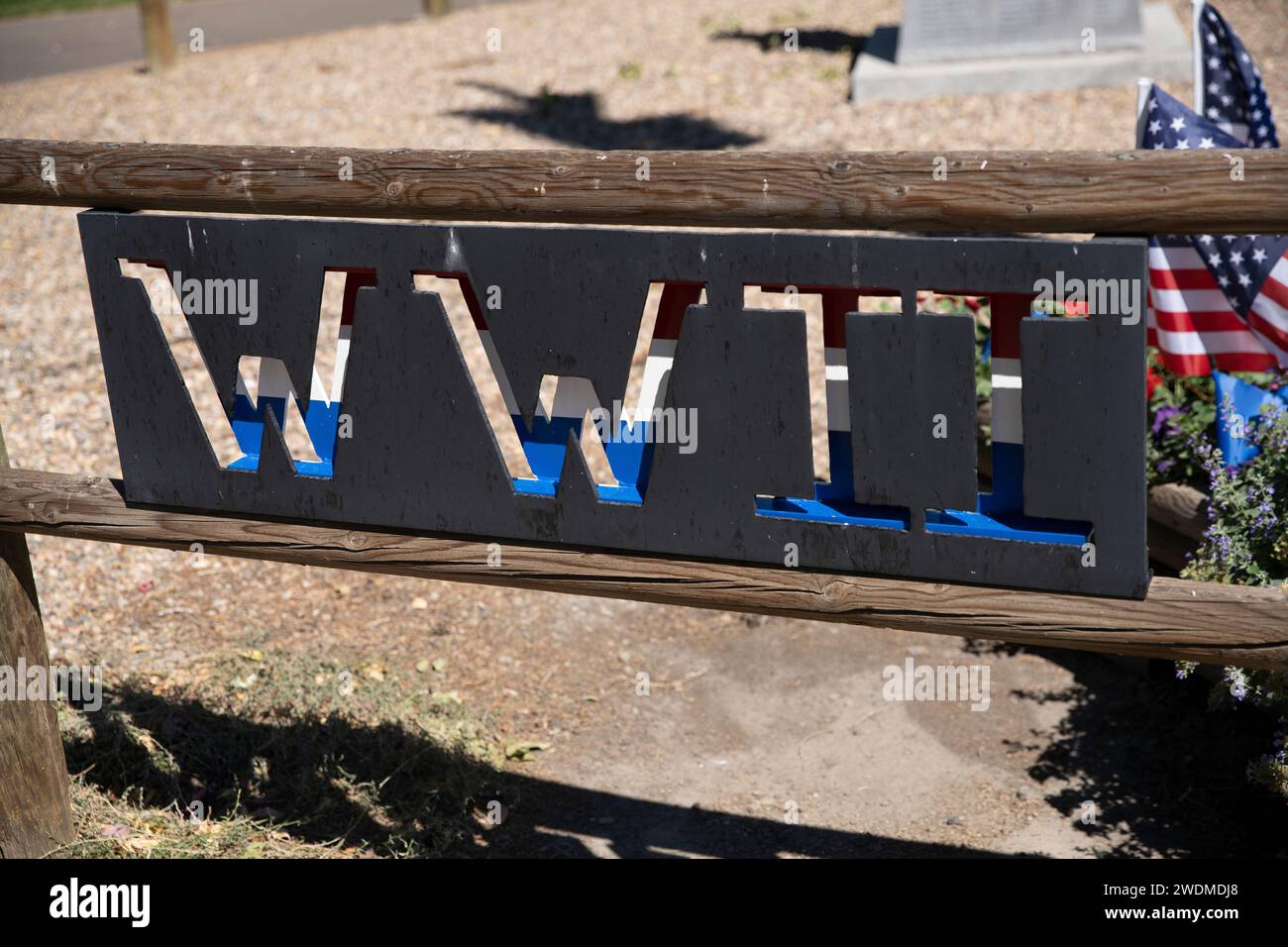 World War II Sign with American flag at WWII memorial site Stock Photo ...