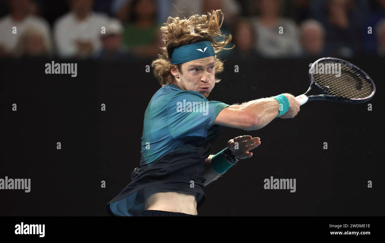 Andrey Rublev of Russia plays a forehand return to Alex de Minaur of ...